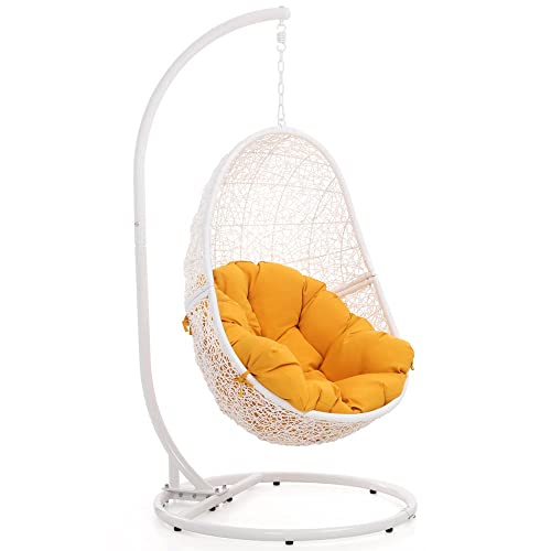 Zuri Furniture Modern Reef White Basket Swing Chair Yellow Cushion with Stand