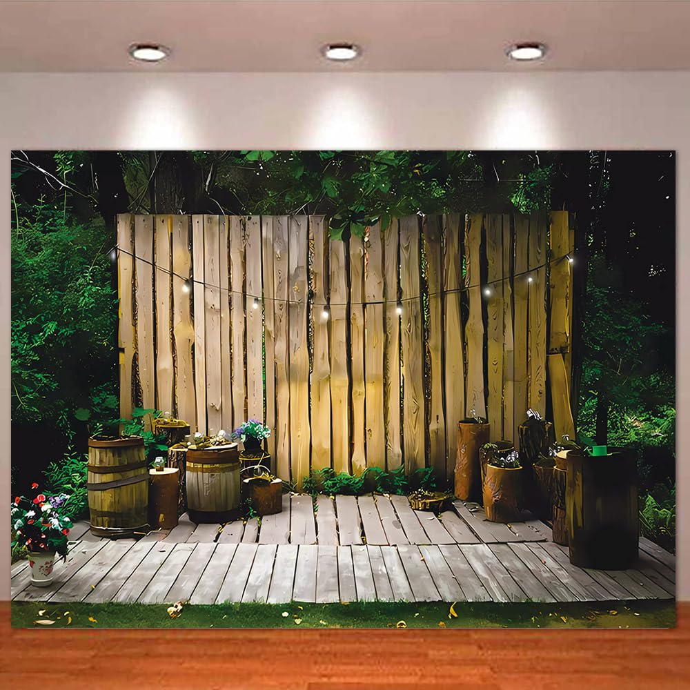 MAQTT 7x5FT Western Cowboy Jungle Party Theme Background Photography Nature Green Jungle Wooden Barrel Backdrop Photo Children Birthday Party Outdoor Party Decoration Banner