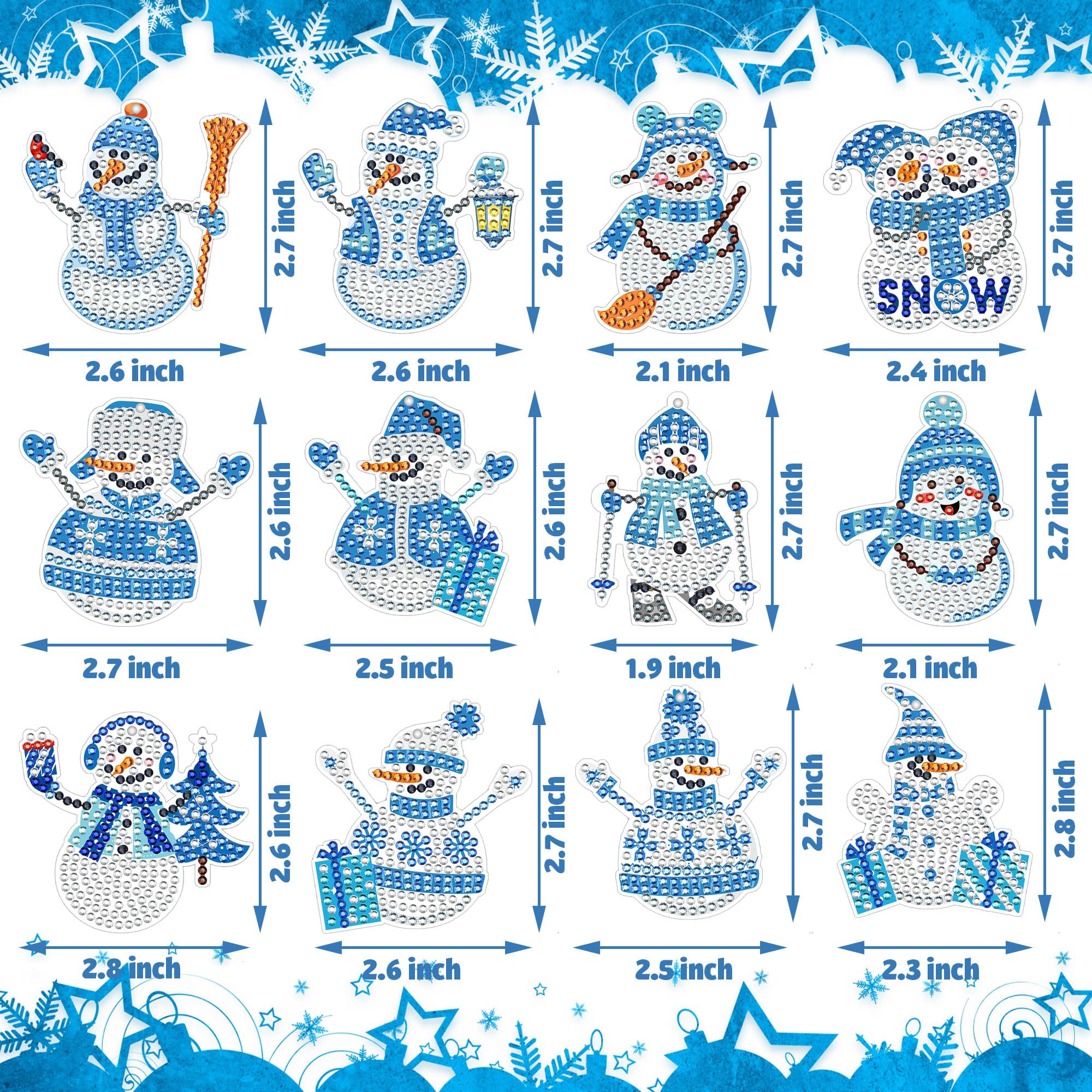 12Pcs Snowman Diamond Painting Keychains Snow Diamond Art Pendants Double Sided Full Drill Diamond Key Rings 5D Diamond Painting Kits for Winter Christmas Hanging Ornaments for DIY Crafts Home Decor
