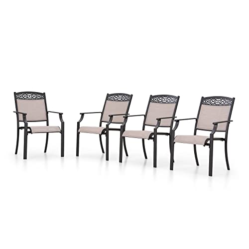 PHI VILLA Outdoor Cast Aluminum Patio Dining Chairs Set of 4, Stackable Patio Teslin Sling Chairs with Armrest for Deck, Garden, Terrace, Yard