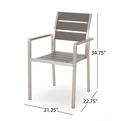 Belle Outdoor Modern Aluminum Dining Chair with Faux Wood Seat (Set of 2), Gray and Silver