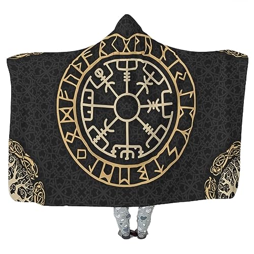 BURNAR Medieval 3D Printing Hooded Blanket Warm Thor's Hammer Vegvisir Compass Unisex Winter Wearable Hooded Blanket Double-Layer Thick Plush Wool Blanket Cloak (Color : A, Size : 50x60in/130x150cm)
