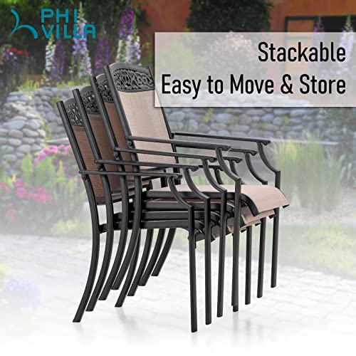 PHI VILLA Outdoor Cast Aluminum Patio Dining Chairs Set of 4, Stackable Patio Teslin Sling Chairs with Armrest for Deck, Garden, Terrace, Yard