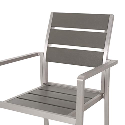 Belle Outdoor Modern Aluminum Dining Chair with Faux Wood Seat (Set of 2), Gray and Silver