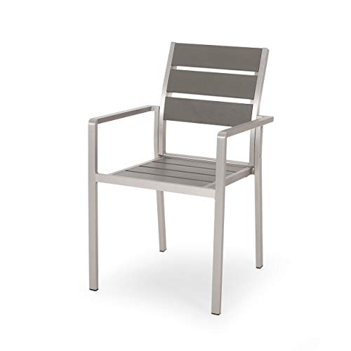 Belle Outdoor Modern Aluminum Dining Chair with Faux Wood Seat (Set of 2), Gray and Silver