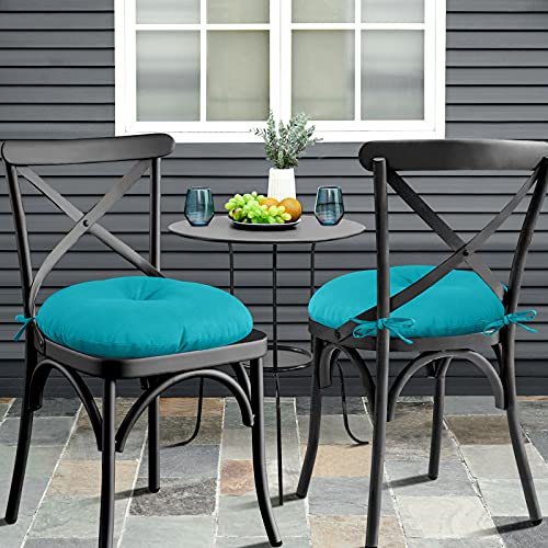 Sweet Home Collection Outdoor Furniture Cushion Bistro Chair Pads Premium Comfortable Thick Fiber Fill Tufted 15" x 15" Patio Seat Cover with Ties, 2 Count (Pack of 1), Teal