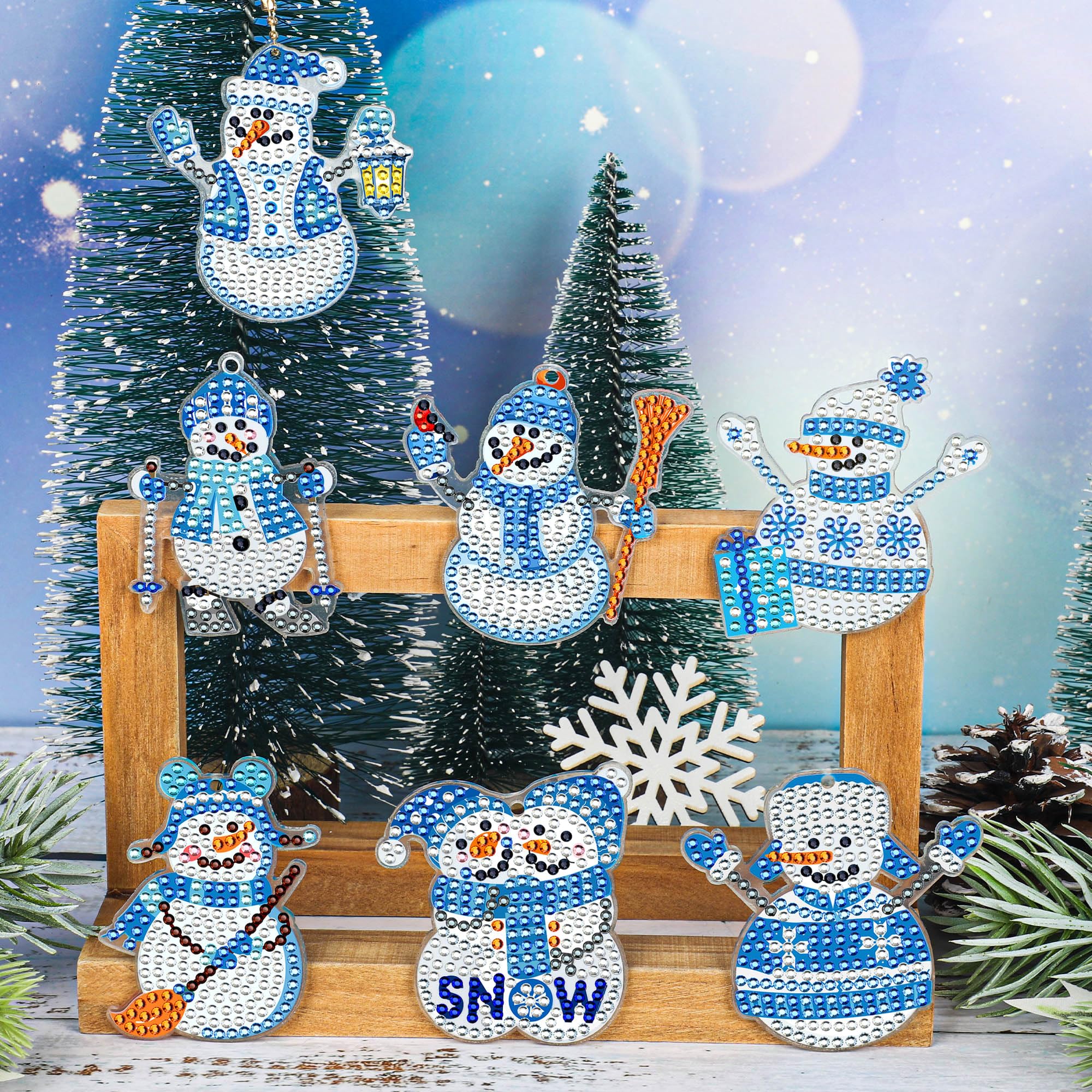 12Pcs Snowman Diamond Painting Keychains Snow Diamond Art Pendants Double Sided Full Drill Diamond Key Rings 5D Diamond Painting Kits for Winter Christmas Hanging Ornaments for DIY Crafts Home Decor