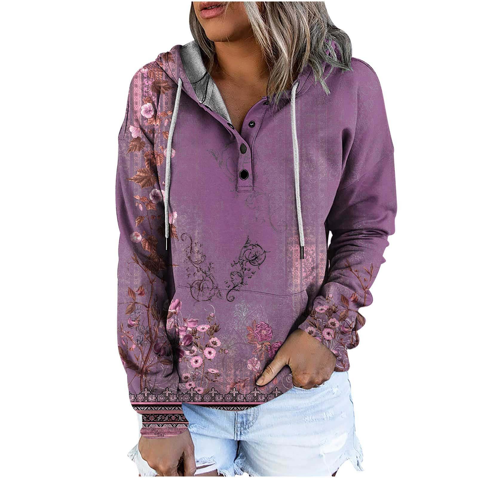 ZDRZK online shopping sweatshirt for women with zipper Womens Fashion Long Sleeve Hoodies Graphic Design Vintage Floral Print Hooded Sweatshirt Casual Pullover Tops Purple S