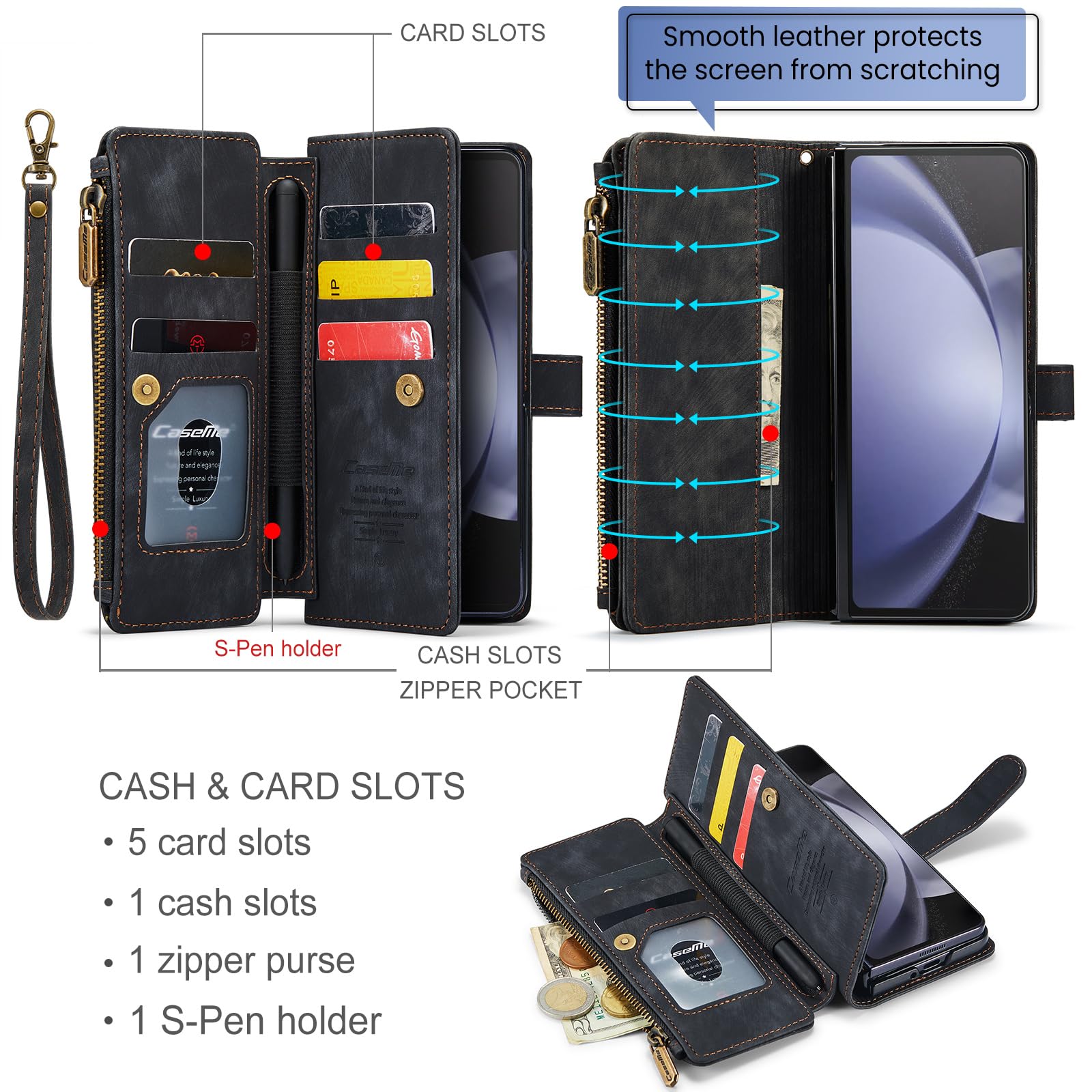 CaseMe Wallet Case for Samsung Galaxy Z Fold 5,Multifunction Fashion Premium PU Leather Zipper Flip case Built-in [S Pen Holder] [Magnetic Closure] [Kickstand] [Card Slots] for Galaxy Z Fold 5 (Black)