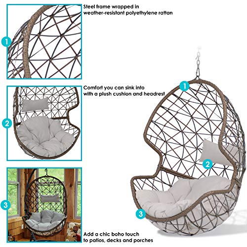 Sunnydaze Danielle Hanging Egg Chair Swing, Resin Wicker Basket Design, Outdoor Use, Includes Gray Cushion