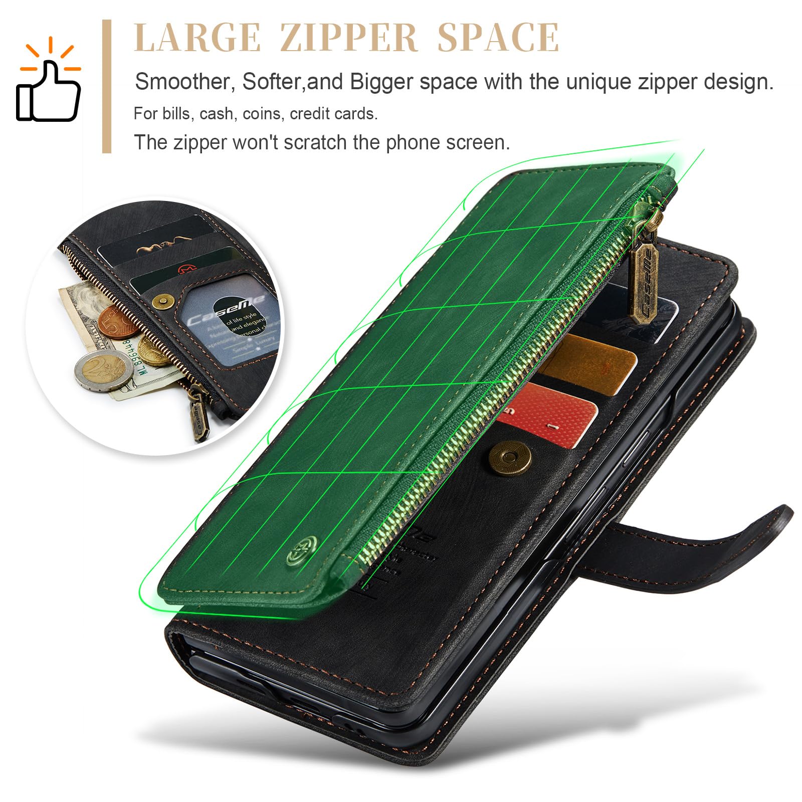 CaseMe Wallet Case for Samsung Galaxy Z Fold 5,Multifunction Fashion Premium PU Leather Zipper Flip case Built-in [S Pen Holder] [Magnetic Closure] [Kickstand] [Card Slots] for Galaxy Z Fold 5 (Black)