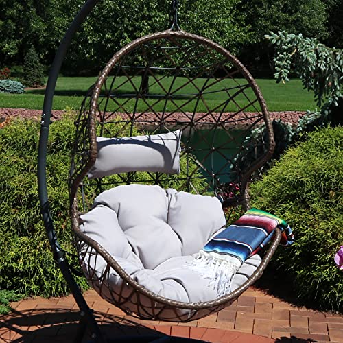 Sunnydaze Danielle Hanging Egg Chair Swing, Resin Wicker Basket Design, Outdoor Use, Includes Gray Cushion