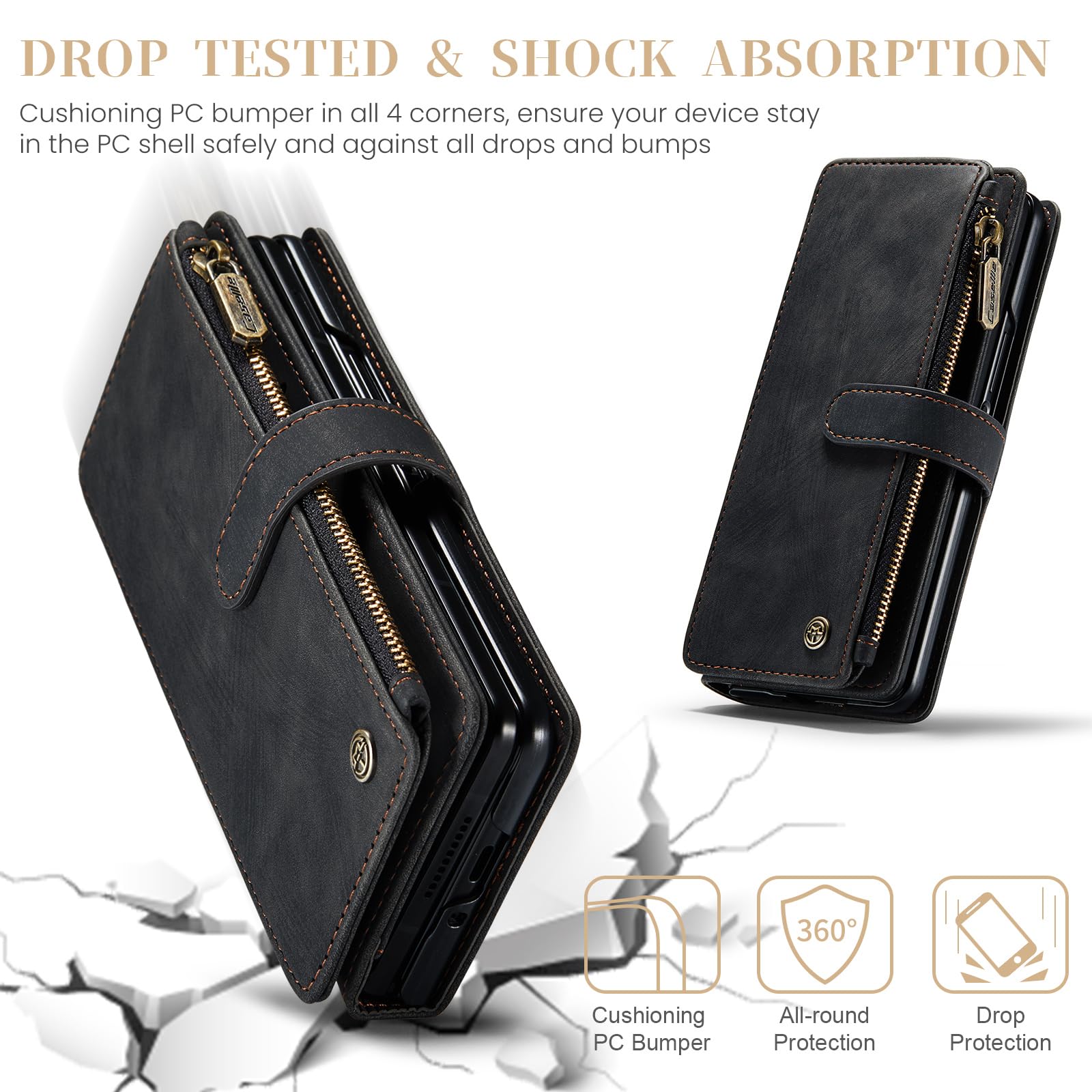 CaseMe Wallet Case for Samsung Galaxy Z Fold 5,Multifunction Fashion Premium PU Leather Zipper Flip case Built-in [S Pen Holder] [Magnetic Closure] [Kickstand] [Card Slots] for Galaxy Z Fold 5 (Black)