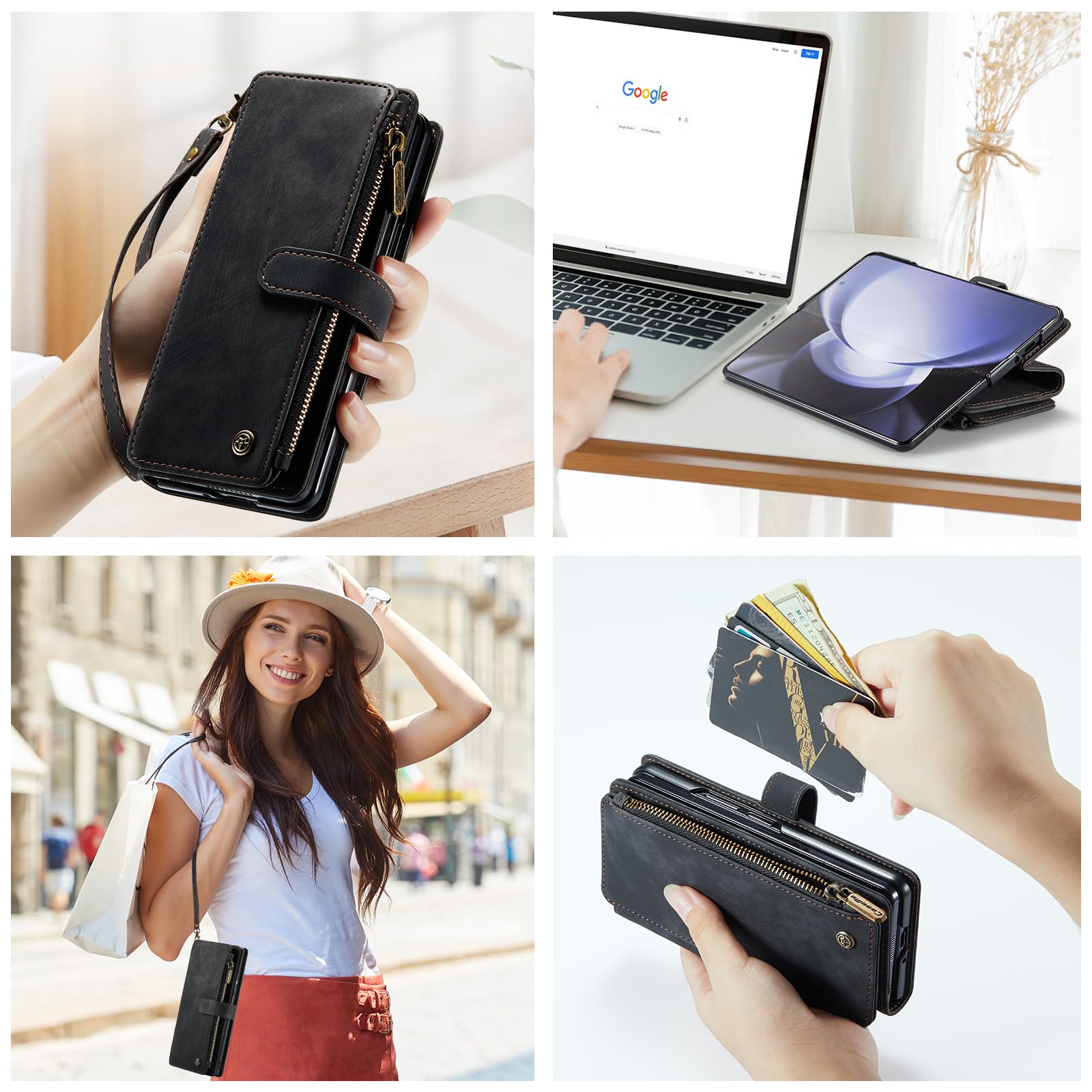 CaseMe Wallet Case for Samsung Galaxy Z Fold 5,Multifunction Fashion Premium PU Leather Zipper Flip case Built-in [S Pen Holder] [Magnetic Closure] [Kickstand] [Card Slots] for Galaxy Z Fold 5 (Black)