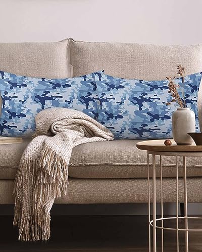 Throw Pillow Covers Set of 2, Lumbar Pillow Case Blue Camouflage Cotton Linen Rectangular Cushion Case Pillowcase for Couch Sofa Living Room Bedroom Decorative, 12 x 20 Inches