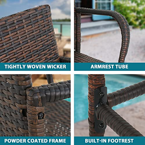 SUPER DEAL Upgraded Wicker Bar Stool Chairs Outdoor Backyard Rattan Chair w/Iron Frame, Armrest and Footrest (2)