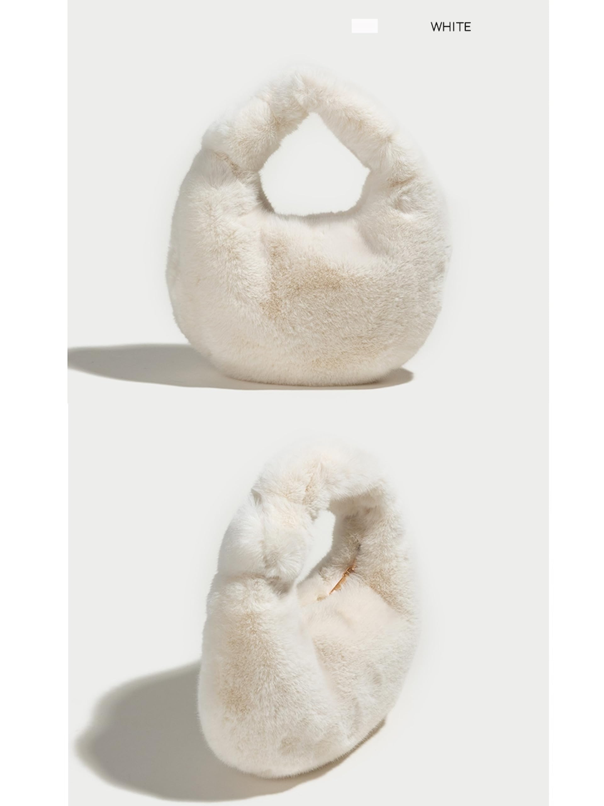 White Soft Knotted Bag Fuzzy Dumpling Bag, Cute Fluffy Bags Y2k, Cute Mini Handbags, Faux Fur Hobo Bag with Zipper