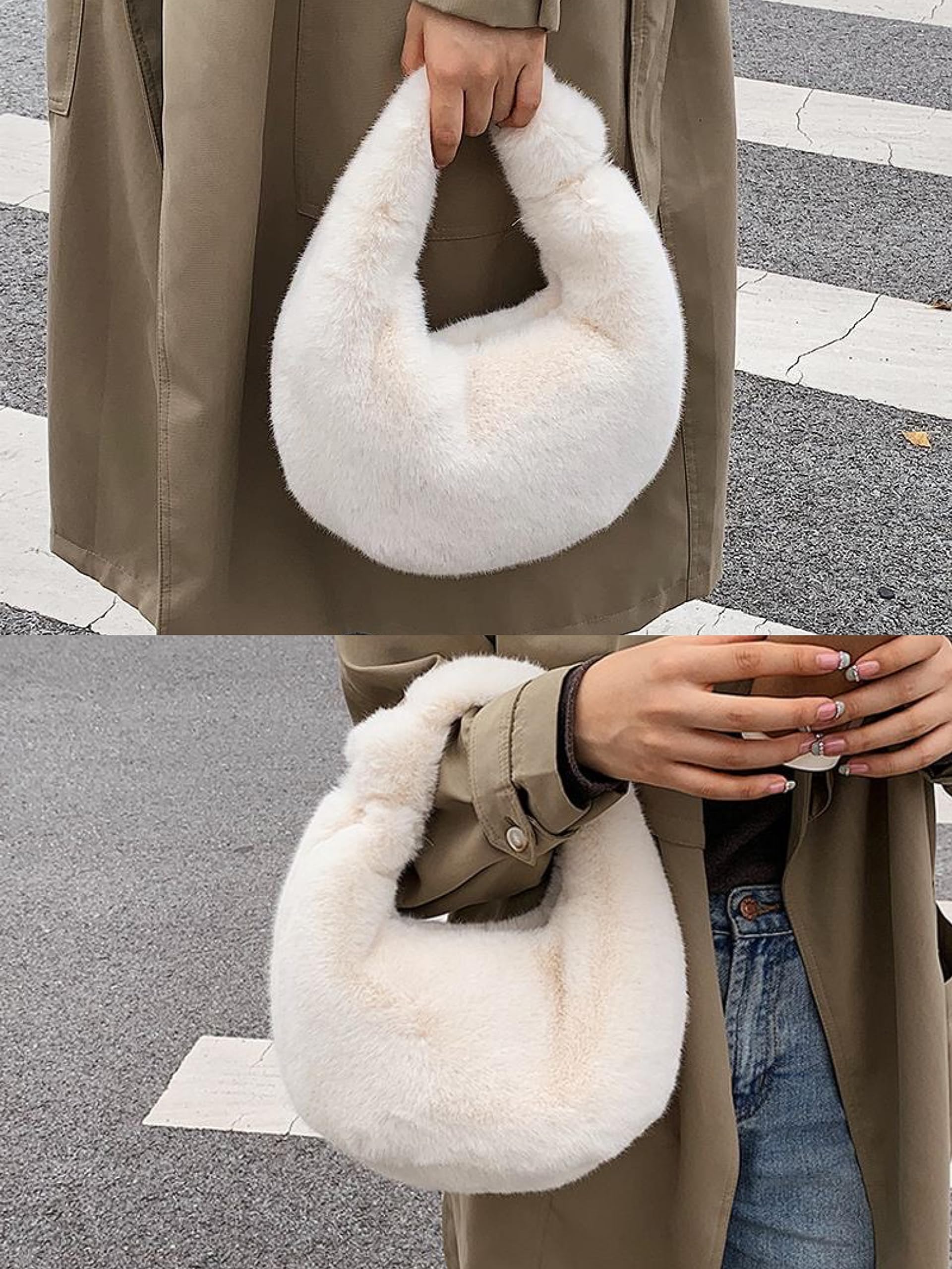 White Soft Knotted Bag Fuzzy Dumpling Bag, Cute Fluffy Bags Y2k, Cute Mini Handbags, Faux Fur Hobo Bag with Zipper