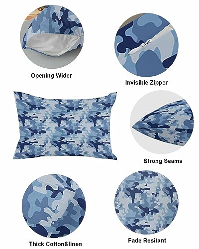 Throw Pillow Covers Set of 2, Lumbar Pillow Case Blue Camouflage Cotton Linen Rectangular Cushion Case Pillowcase for Couch Sofa Living Room Bedroom Decorative, 12 x 20 Inches