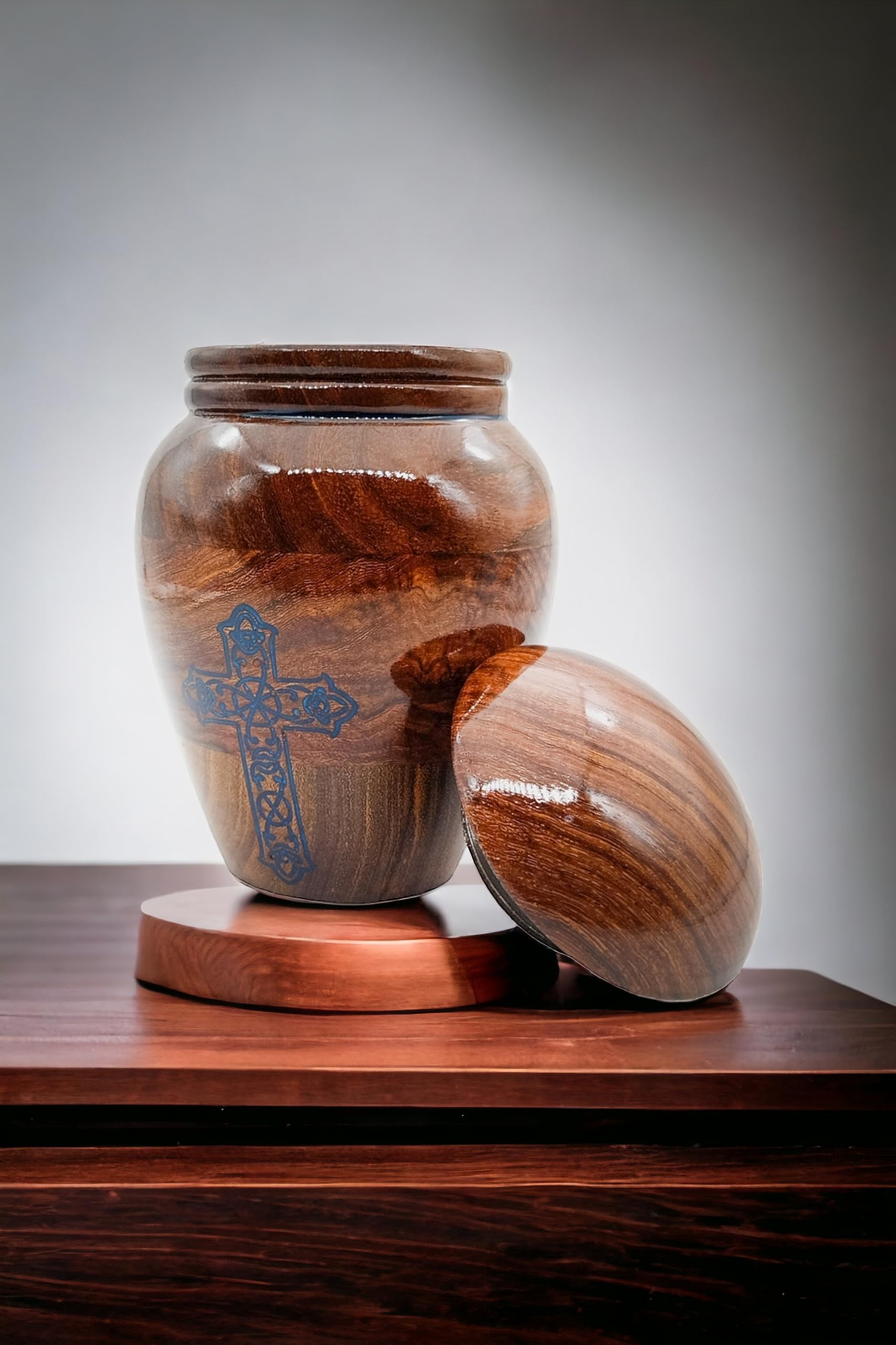 WOODEN Cremation Urns for Ashes Adult Male/Female Engrave Blue Cross & Paw -Decorative Urns-Wooden Small Cremation Urn for Funeral for Pet or Human Ashes.. (ENGRAVE CROSS)