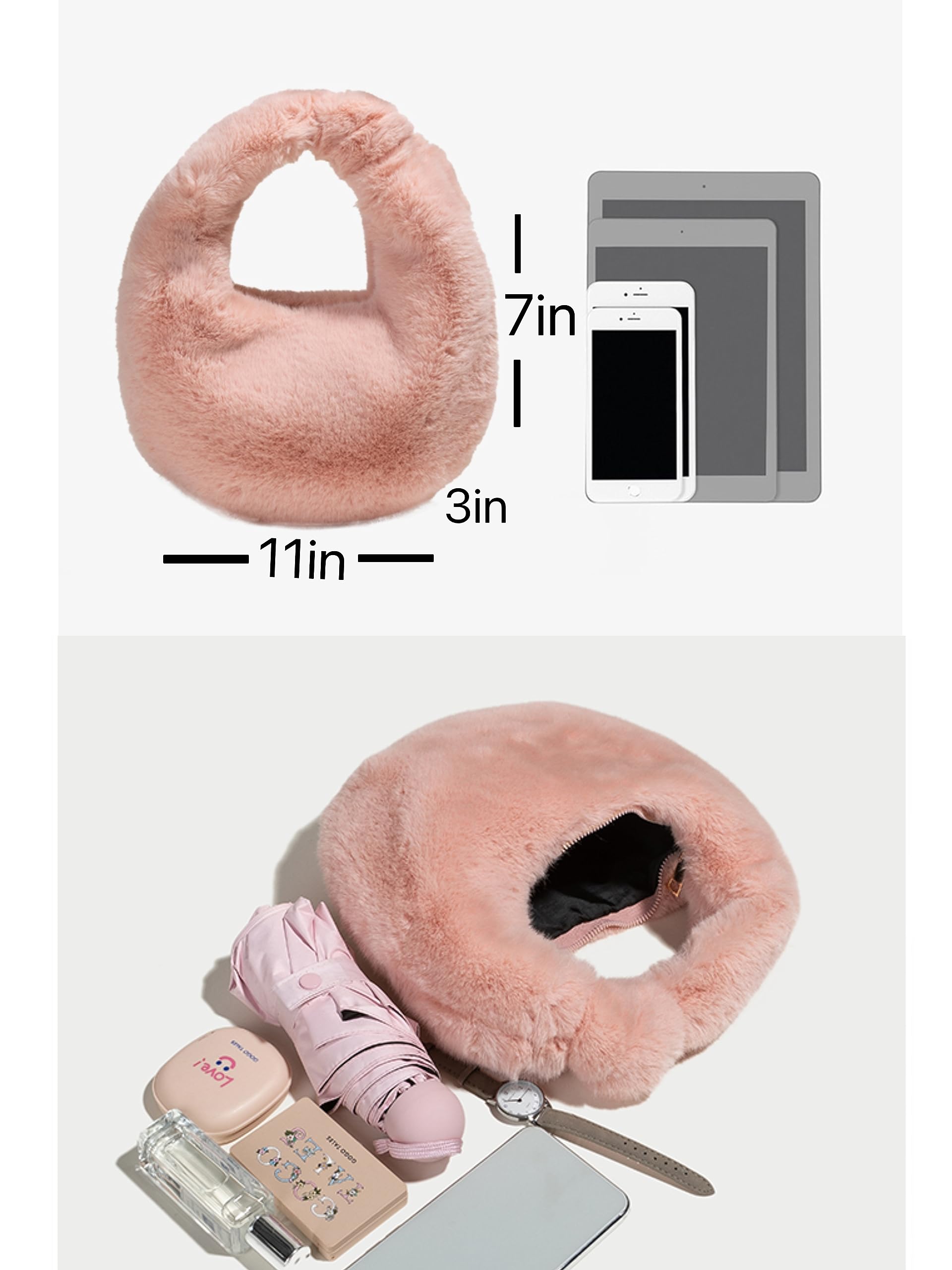 White Soft Knotted Bag Fuzzy Dumpling Bag, Cute Fluffy Bags Y2k, Cute Mini Handbags, Faux Fur Hobo Bag with Zipper