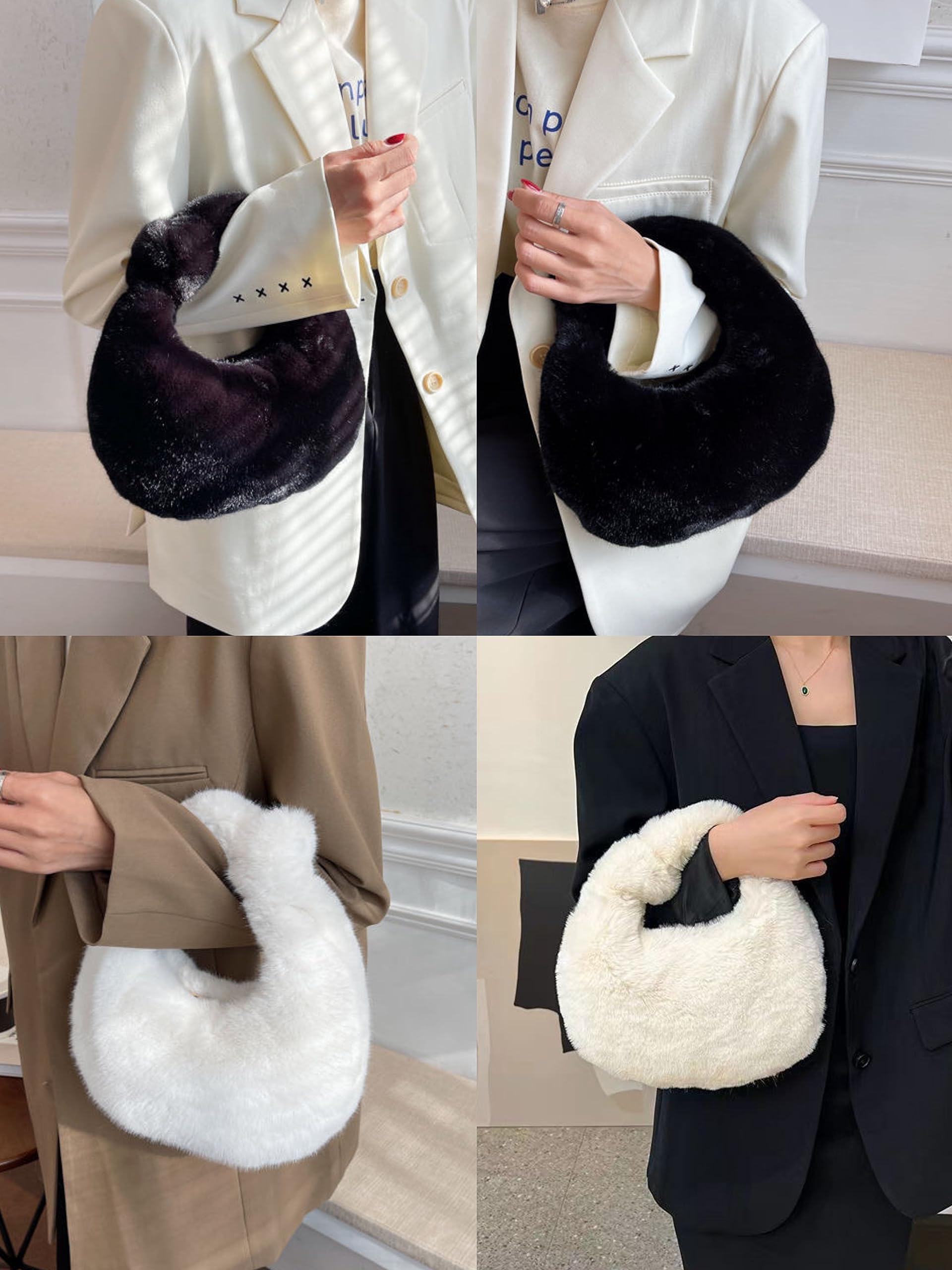 White Soft Knotted Bag Fuzzy Dumpling Bag, Cute Fluffy Bags Y2k, Cute Mini Handbags, Faux Fur Hobo Bag with Zipper