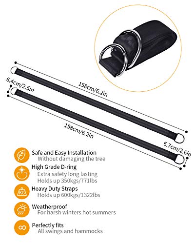 AISHN Tree Swing Straps Hanging Kit, Adjustable Hammock Straps(Set of 2), 2200Lbs Break Strength. 5ft Long with Tree Protector Sleeves, Swivel Strong Stainless Hook, Rustproof Screw Lock Carabiners