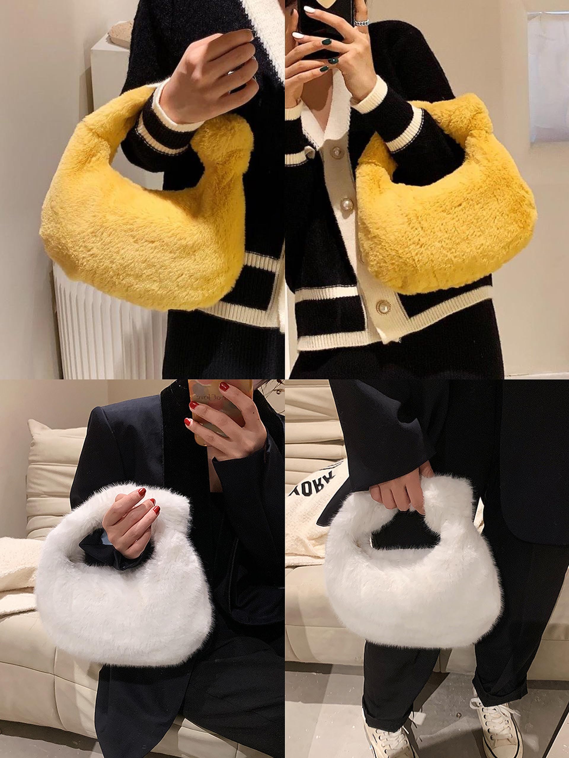 White Soft Knotted Bag Fuzzy Dumpling Bag, Cute Fluffy Bags Y2k, Cute Mini Handbags, Faux Fur Hobo Bag with Zipper