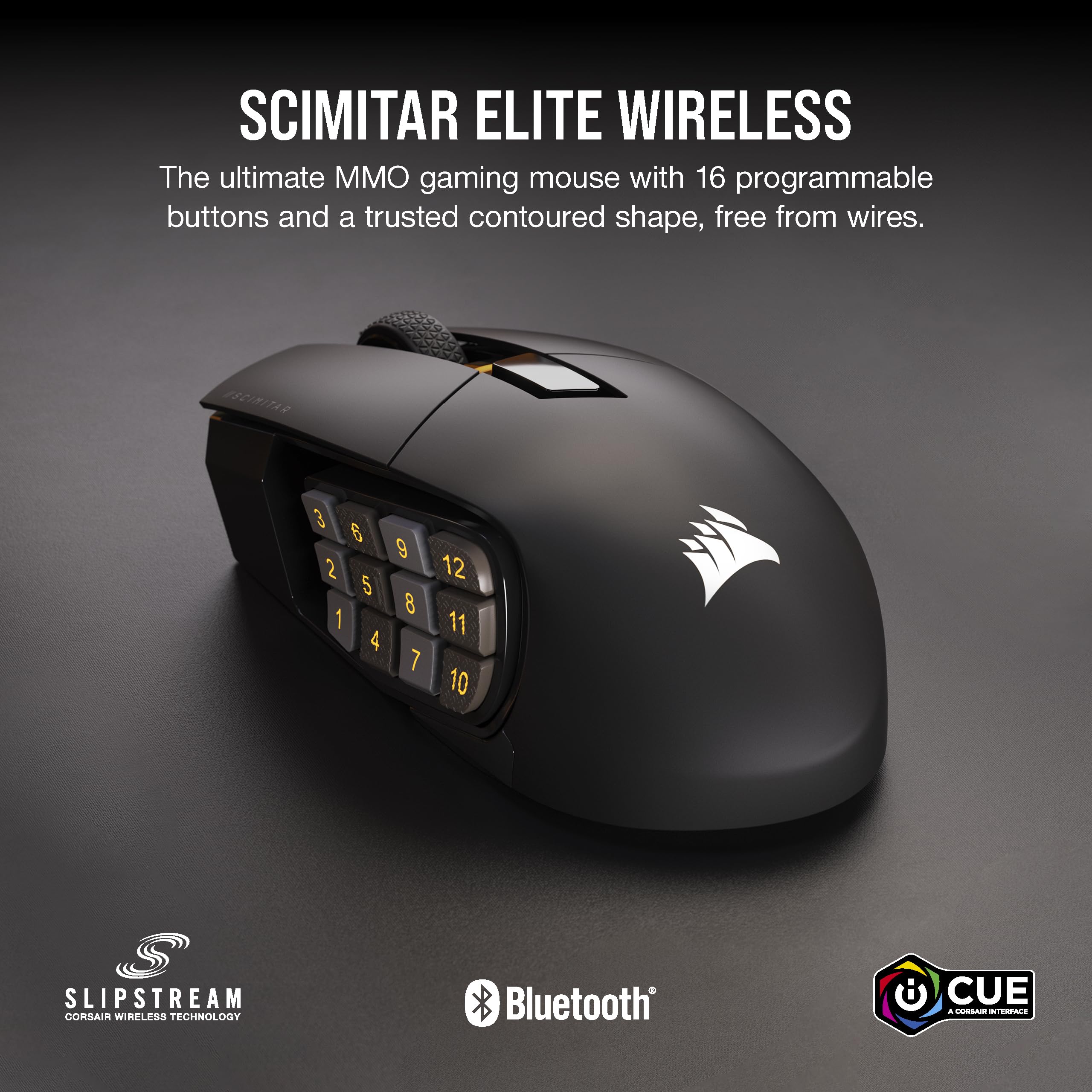 CORSAIR SCIMITAR ELITE RGB WIRELESS MMO Gaming Mouse - 26,000 DPI - 16 Programmable Buttons - Up to 150hrs Battery - iCUE Compatible - Black