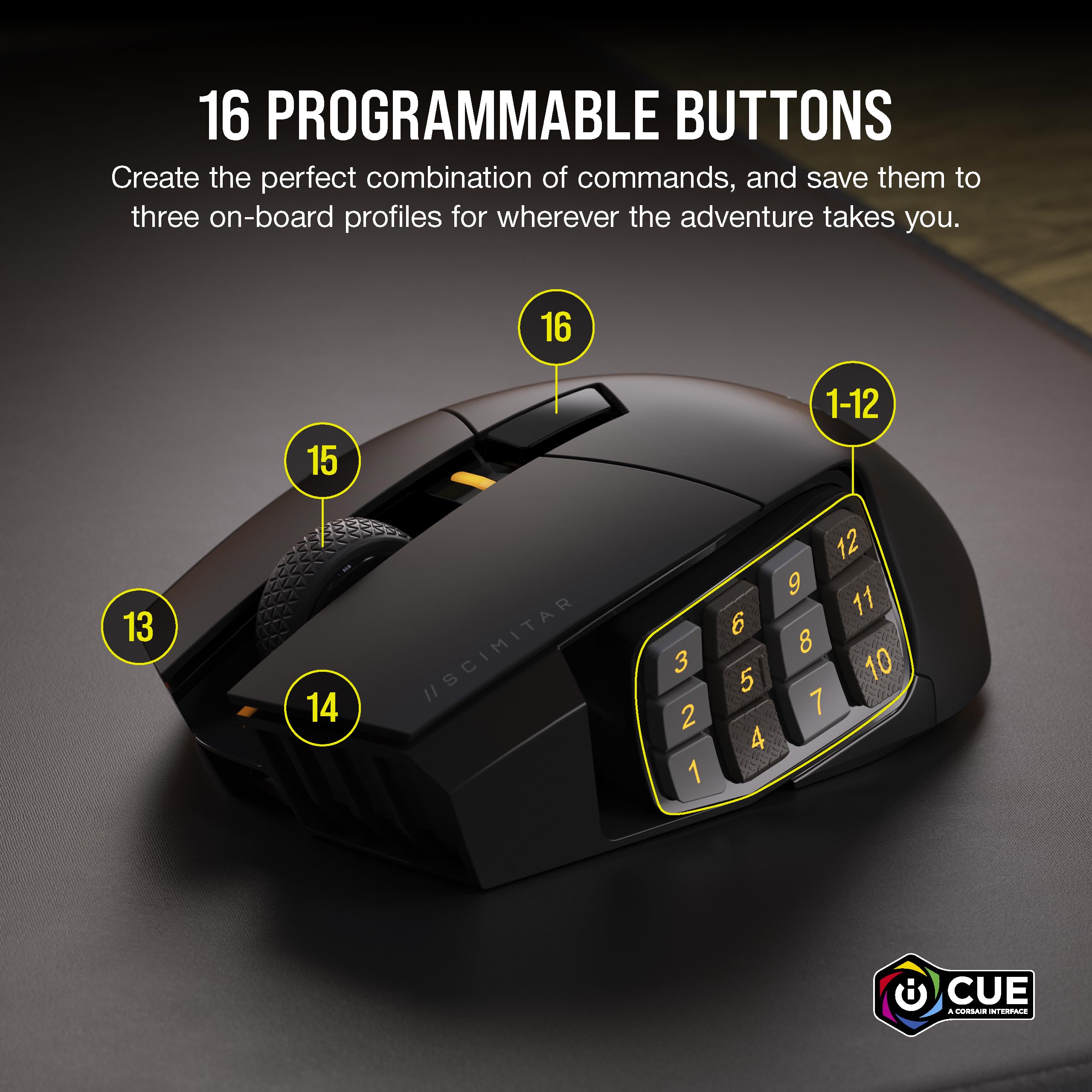 CORSAIR SCIMITAR ELITE RGB WIRELESS MMO Gaming Mouse - 26,000 DPI - 16 Programmable Buttons - Up to 150hrs Battery - iCUE Compatible - Black
