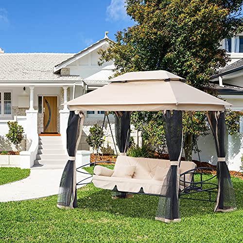 Outsunny 3-Seat Patio Swing Chair, Outdoor Gazebo Swing with Double Tier Canopy, Mesh Sidewalls, Cushioned Seat and Pillows, Beige