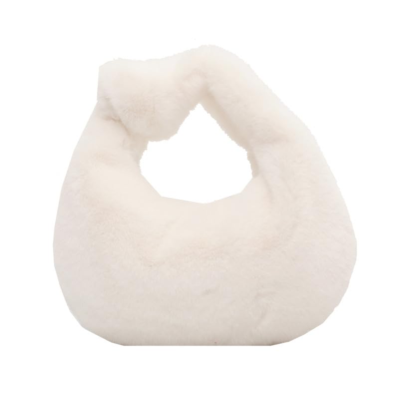 White Soft Knotted Bag Fuzzy Dumpling Bag, Cute Fluffy Bags Y2k, Cute Mini Handbags, Faux Fur Hobo Bag with Zipper