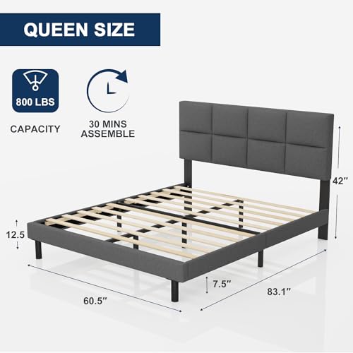 Molblly Queen Size Bed Frame with Upholstered Headboard, Strong Frame, and Wooden Slats Support, Non-Slip and Noise-Free, No Box Spring Needed, Easy Assembly, Dark Grey