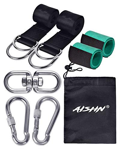 AISHN Tree Swing Straps Hanging Kit, Adjustable Hammock Straps(Set of 2), 2200Lbs Break Strength. 5ft Long with Tree Protector Sleeves, Swivel Strong Stainless Hook, Rustproof Screw Lock Carabiners