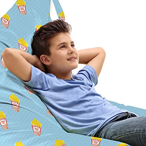 Ambesonne Cartoon Lounger Chair Bag, Movie Night Theme Pop Corn Motifs on Polka Dots Background Nostalgic, High Capacity Storage with Handle Container, Lounger Size, Mustard and Pale Blue