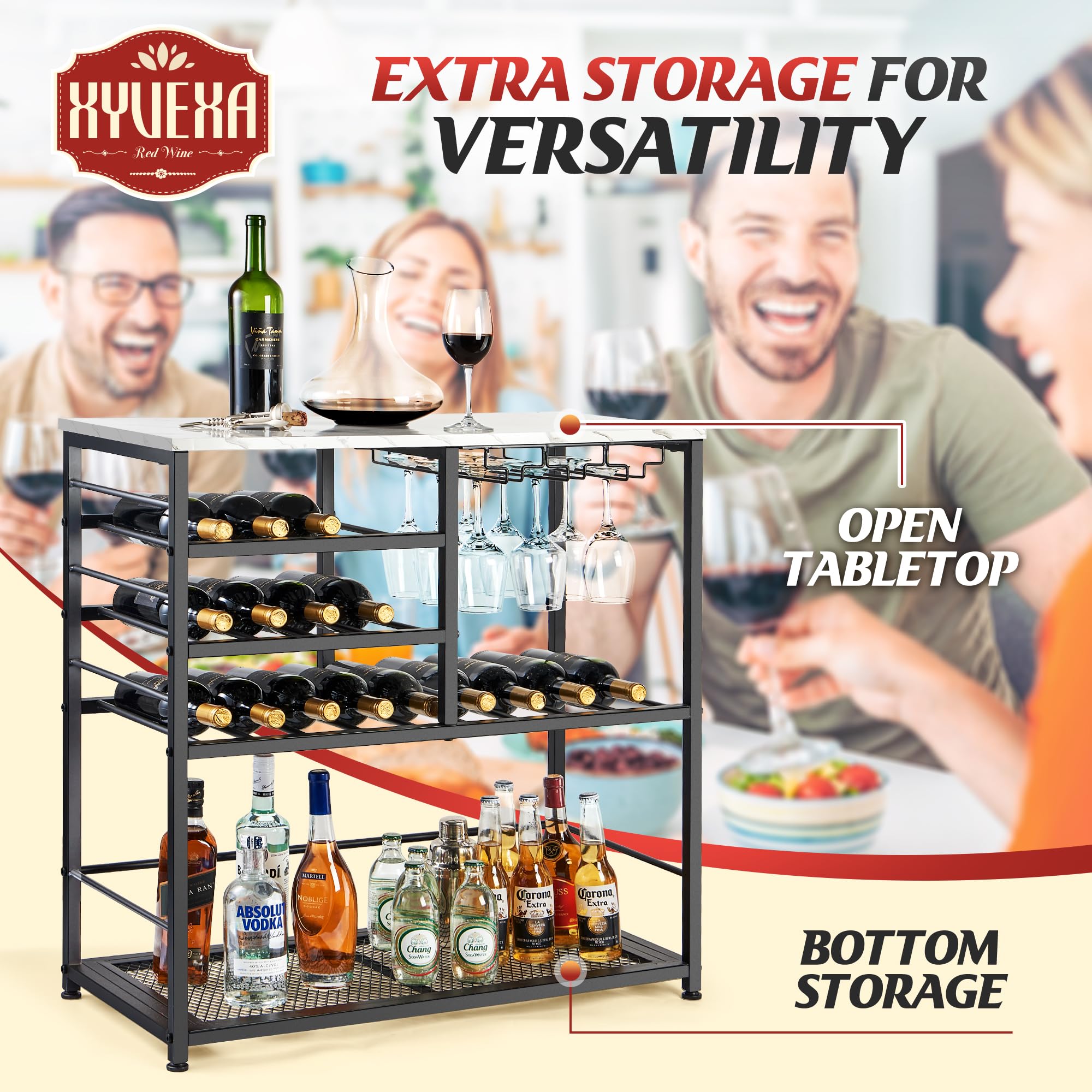 Wine Rack Table with Glass Holder, 32 Inch Modern Wine Bar Cabinet with Storage for 17 Bottle & 9 Glass, Table Liquor Bar Cabinets for Home, Bar, Kitchen, Buffet, Dining Room
