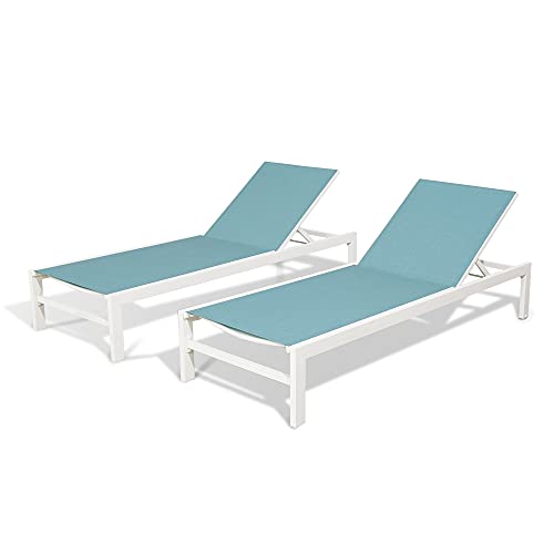 Iwicker Patio 2-Pieces Aluminum Chaise Lounge Chairs Adjustable Outdoor Mesh Fabric Reclining Lounge Chairs with 5-Position Backrest, Turquoise