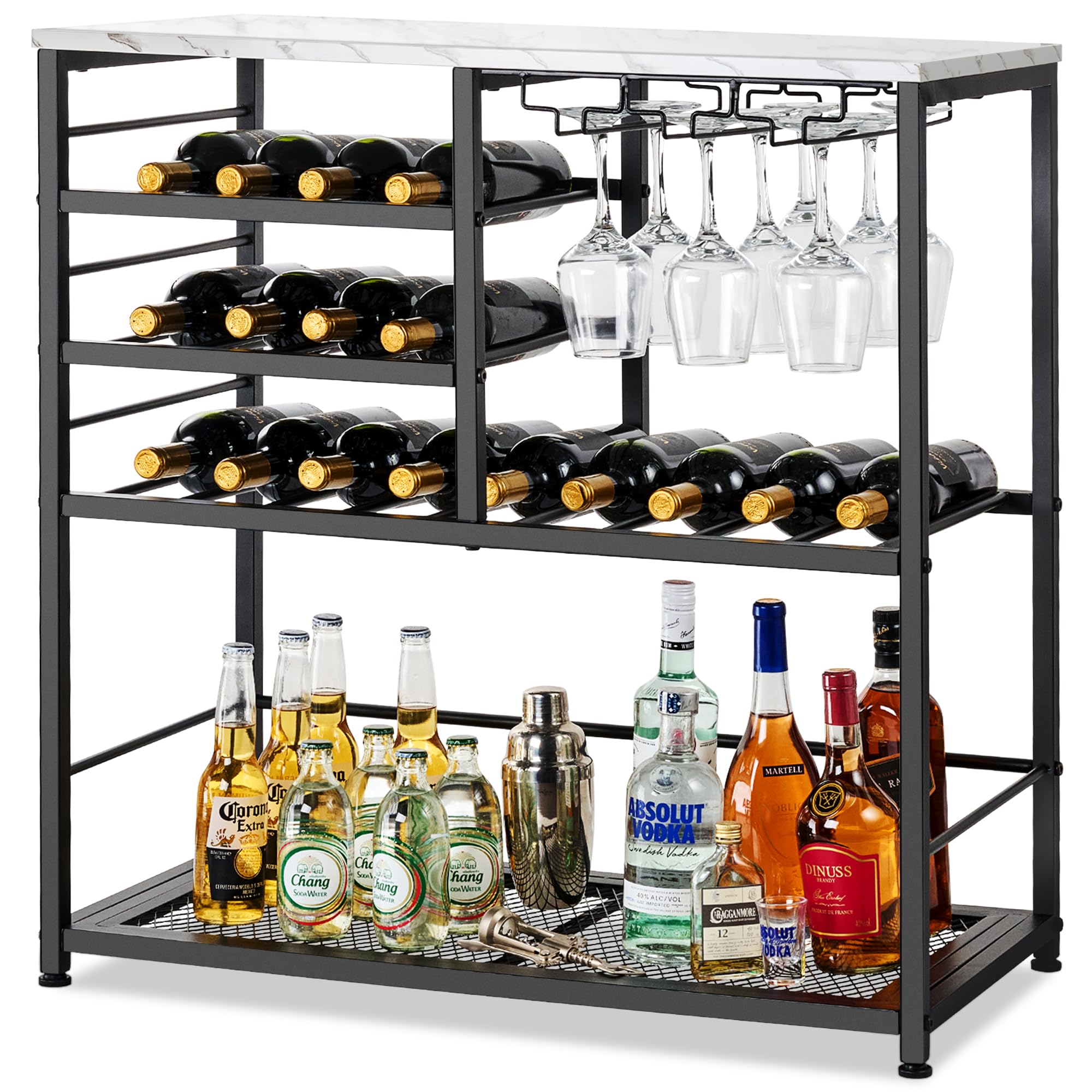 Wine Rack Table with Glass Holder, 32 Inch Modern Wine Bar Cabinet with Storage for 17 Bottle & 9 Glass, Table Liquor Bar Cabinets for Home, Bar, Kitchen, Buffet, Dining Room