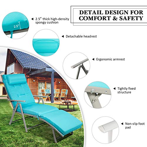 Tangkula Outdoor Folding Chaise Lounge Chair, Lightweight Recliner Chair w/ 7 Adjustable Backrest Positions, Patio Reclining Beach w/Removable Cushion & Pillow for Patio Poolside No Assembly Required