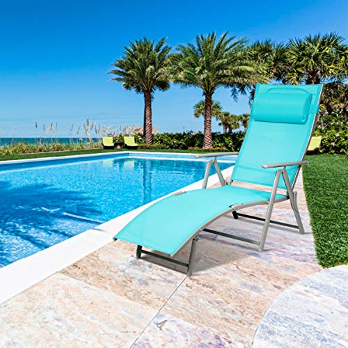 Tangkula Outdoor Folding Chaise Lounge Chair, Lightweight Recliner Chair w/ 7 Adjustable Backrest Positions, Patio Reclining Beach w/Removable Cushion & Pillow for Patio Poolside No Assembly Required