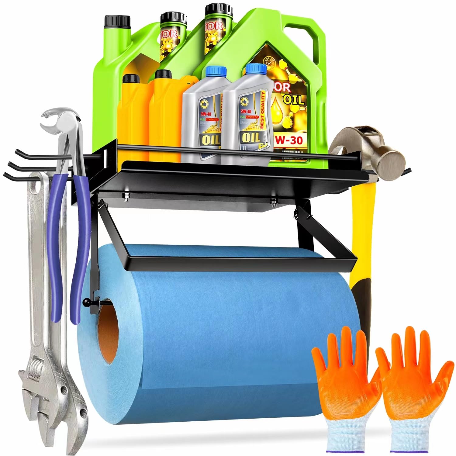 Garage Paper Towel Holder with Shelf, Premium Metal Paper Towel Holder Wall Mount with 6 Hooks, One-Hand Tear, Garage Organization and Storage, Heavy Duty Holds 50 lbs,The Perfect Quick Clean Station