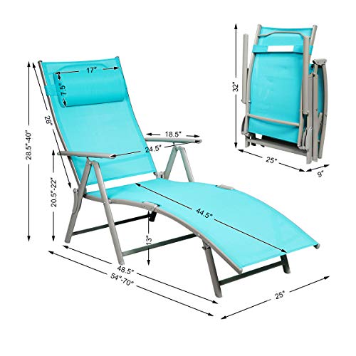 Tangkula Outdoor Folding Chaise Lounge Chair, Lightweight Recliner Chair w/ 7 Adjustable Backrest Positions, Patio Reclining Beach w/Removable Cushion & Pillow for Patio Poolside No Assembly Required
