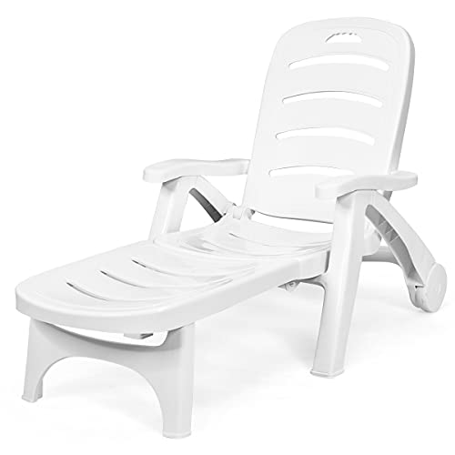 Tangkula Outdoor Chaise Lounge Chair, Adjustable 5-Posistion Recliner Chair with Built-in Wheels, Weather-Resistance Folding Lounge for Patio, Backyard, Poolside and Beach (1, White)