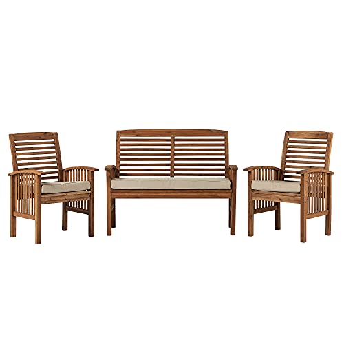 Walker Edison AZOWCHAT3PCBR Castellina Modern 3-Piece Solid Acacia Wood Patio Chat Set, Brown