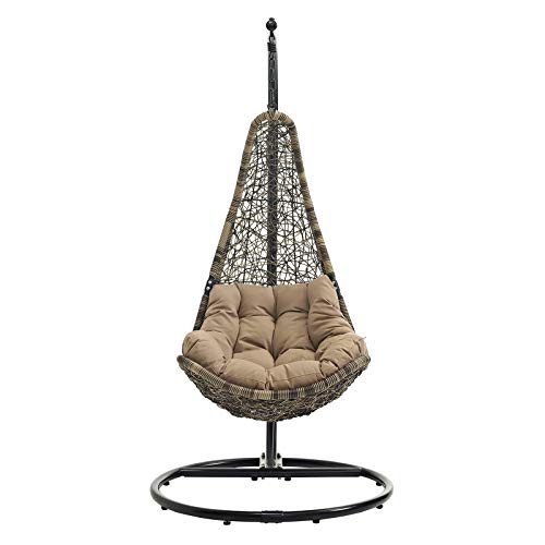 Modway Abate Wicker Rattan Outdoor Patio Porch Lounge Swing Chair Set with Stand in Black Mocha