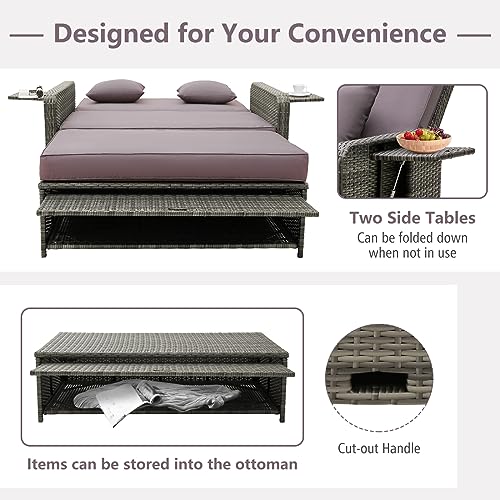 Tangkula Patio Rattan Daybed Set, Wicker Loveseat Sofa w/Multipurpose Ottoman & Retractable Side Tray, 4-Level Adjustable Backrest, Footstool w/Storage, Seat & Back Cushion Included (Gray)