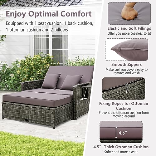 Tangkula Patio Rattan Daybed Set, Wicker Loveseat Sofa w/Multipurpose Ottoman & Retractable Side Tray, 4-Level Adjustable Backrest, Footstool w/Storage, Seat & Back Cushion Included (Gray)