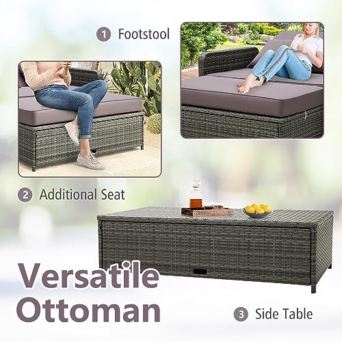 Tangkula Patio Rattan Daybed Set, Wicker Loveseat Sofa w/Multipurpose Ottoman & Retractable Side Tray, 4-Level Adjustable Backrest, Footstool w/Storage, Seat & Back Cushion Included (Gray)