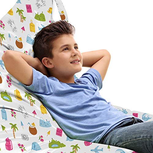 Ambesonne Summer Lounger Chair Bag, Travel Theme Along Camping Tent Mountains Ocean Waves Coconut Cocktail Planes, High Capacity Storage with Handle Container, Lounger Size, Multicolor