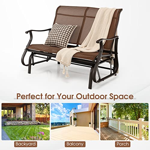 Tangkula Patio Glider Bench, 2-Person Outdoor Rocking Bench with High Back & Curved Armrests, Swing Glider Loveseat with Spacious Seat for Backyard, Balcony, Poolside, Porch (Brown)